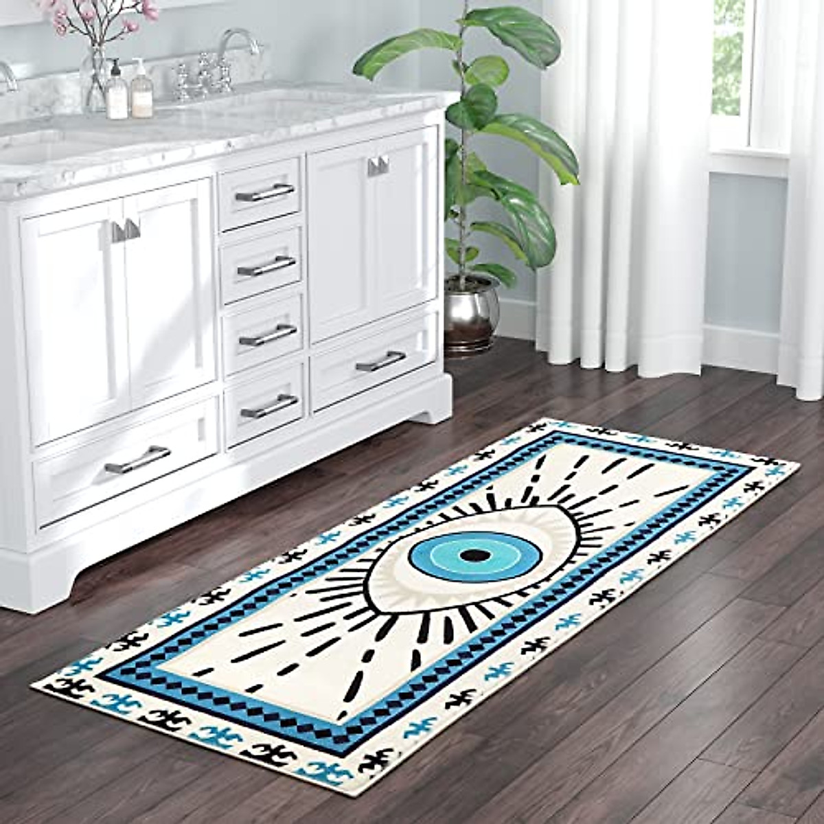 HAOCOO Evil Eye Runner Rug 2’x 5’ Non-Slip Washable Kitchen Area Rug Boho Chic Distressed Tribal Decorative Soft Velvet Creative Floor Carpet Bath Rug for Bedroom Living Room Entryway Hallway