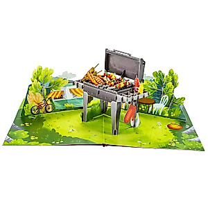 BBQ Party Grill Up Some Fun - 3D Pop Up Greeting Card For All Occasions - Love, Birthday, Christmas, Summer, Congrats - Removable Personalized Message Note - Thick Envelope, Fold Flat - 5x7 Inch