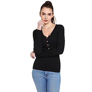 AmélieBoutik Women V Neck Henley Long Sleeve Pullover Ribbed Sweater (Black Medium)