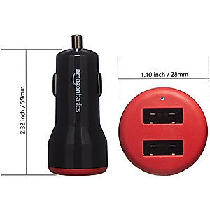 Amazon Basics 24W (4.8A) Two-Port USB-A Car Charger for Apple, Android Devices and more - Black and Red