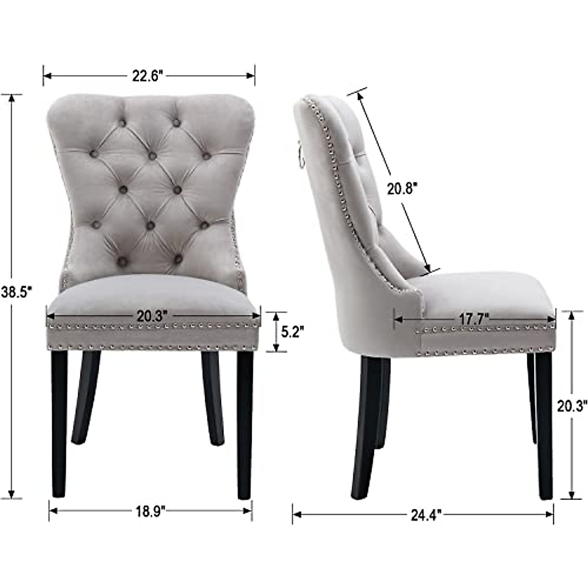 CIMOO Velvet Upholstered Dining Chairs Set of 4 Comfortable Tufted Chair Modern Armless Chairs with Button, Nailhead Trim, (Grey, Ring on The Back)