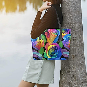 MNSRUU Tote Bag for Women Multicolored Roses On Black Background Tote Bag Purses and Handbags Shoulder Bag Big Capacity PU Leather Handbag Womens Tote Bags for Work