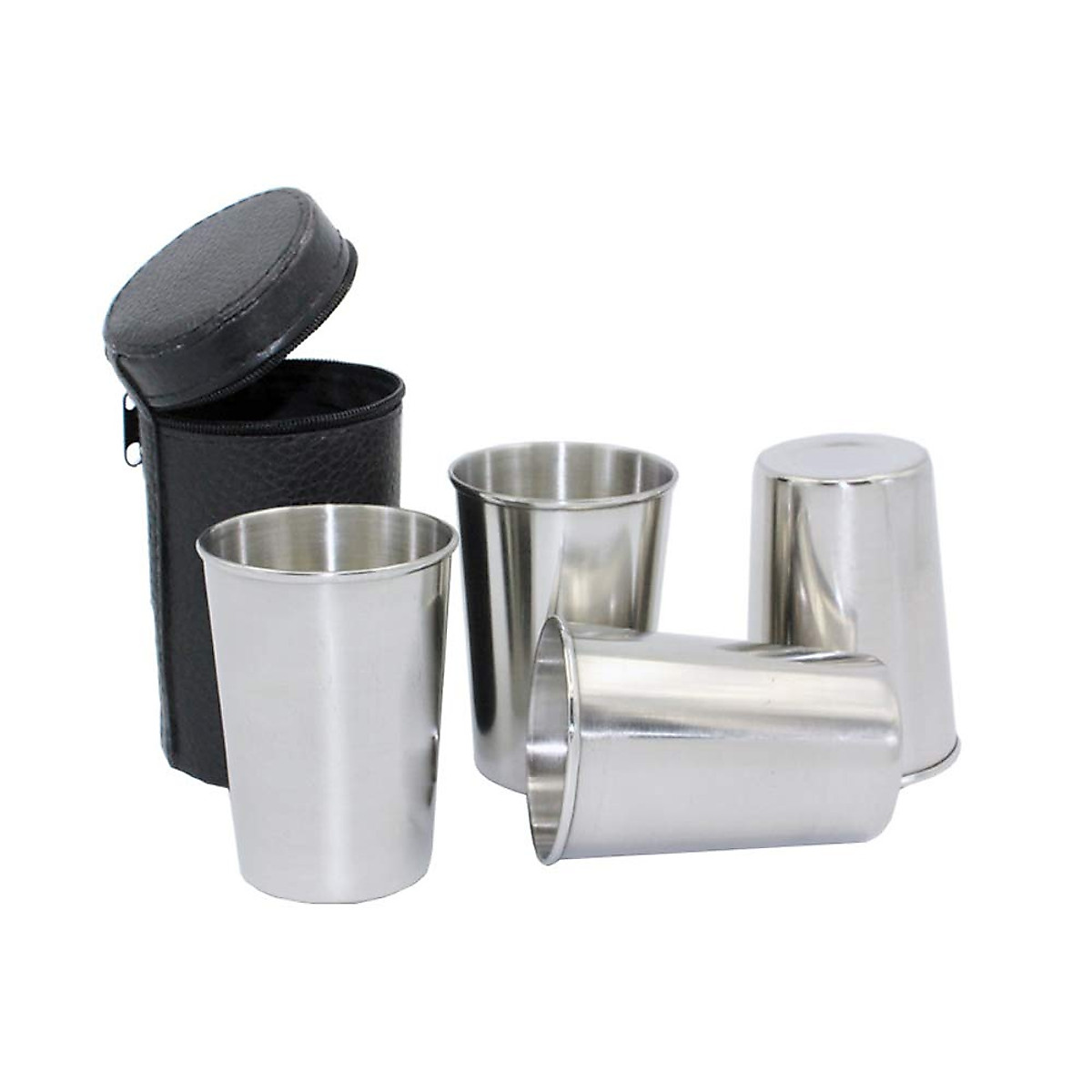 lasenersm 4 Pieces 170ml (5.7 oz) Stainless Steel Shot Cups Shot Glass Drinking Vessel with One Black PU-Leather Carrying Case Outdoor Camping Travel Coffee Tea Cup, Silver Cup, Black Case
