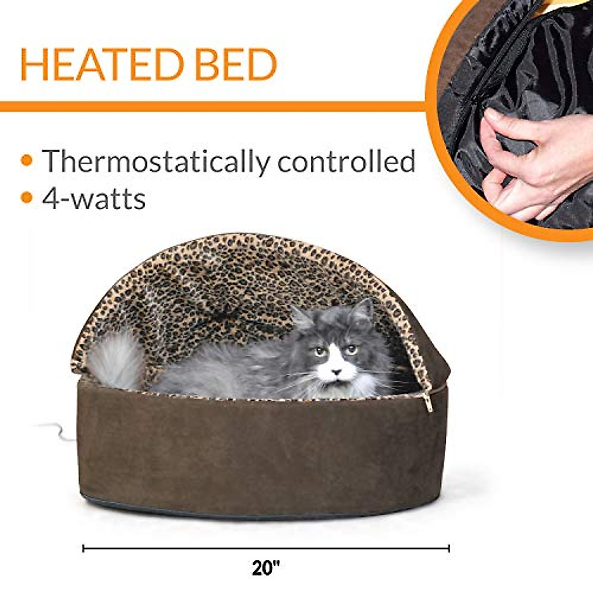 K&H Pet Products Thermo-Kitty Bed Deluxe Indoor Heated Cat Bed Mocha/Leopard Large 20 Inches