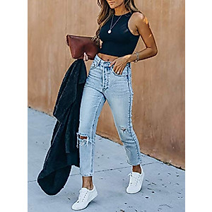 Women’s Sexy Sleeveless High Neck Racerback Cropped Tank Tops Cute Teen Girls Halter Neck Crop Tops Vest Black Small