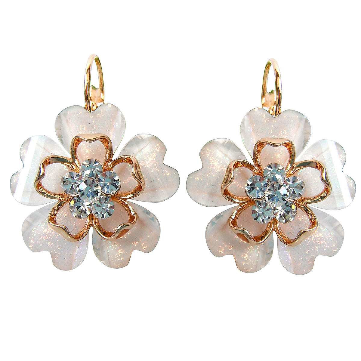 Navachi 18k Gold Plated White Crystal Acetate Blooming Flowers Az2414e Leverback Earrings