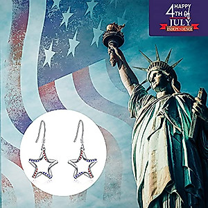 USA Flag Dangle Earrings for Women: 925 Sterling Silver American Patriotic Red White and Blue Star Drop Earrings America Independence Day 4th of July Patriotic Jewelry Gifts (Star)