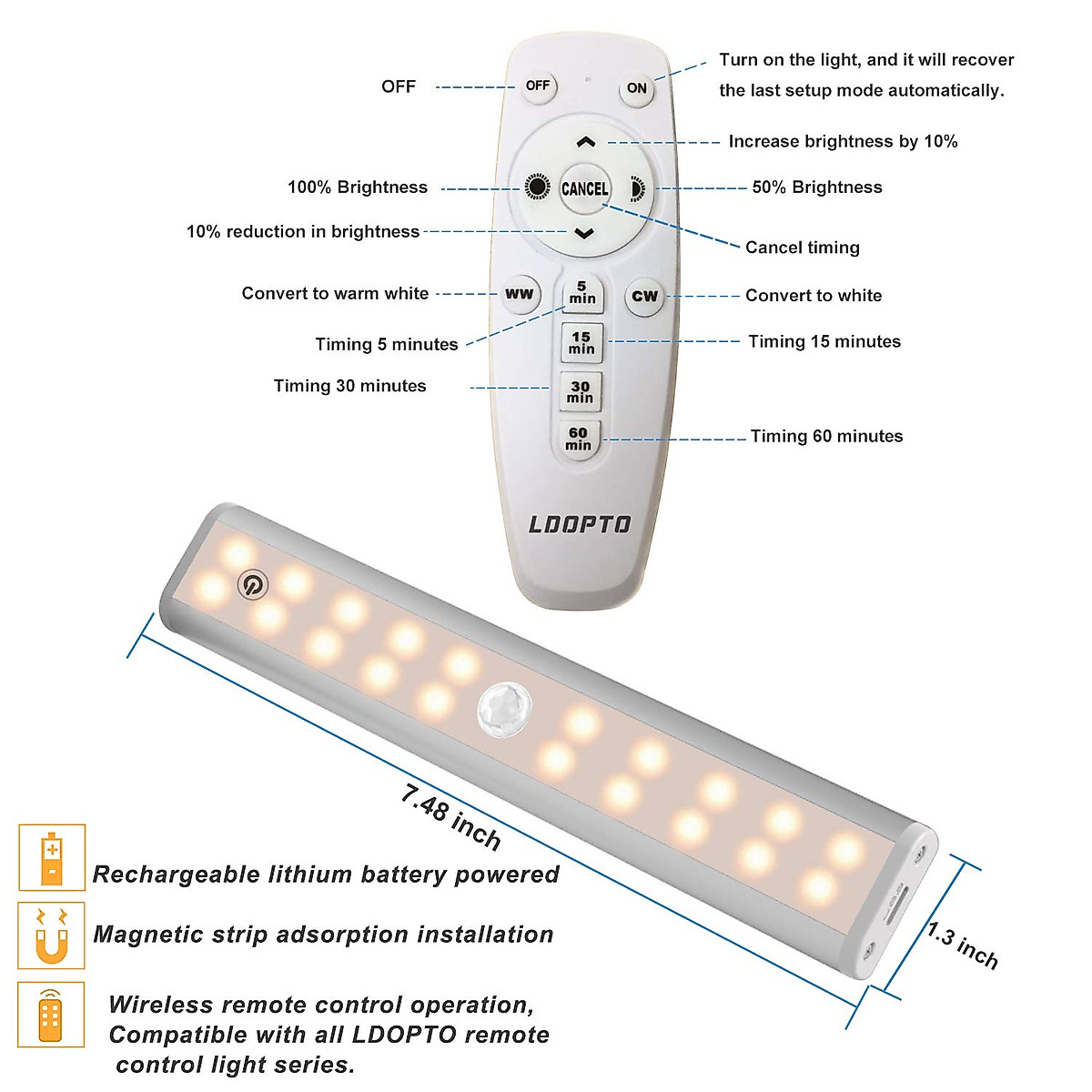 LDOPTO Under Cabinet Lights Wireless with Remote Rechargeable LED Under Cabinet Kitchen Lighting Battery Operated Lights Without Wiring with Remote/Touch Control for Closet Wardrobe Kitchen 3 Pack