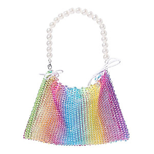 Yokawe Mini Rhinestone Purses for Women Evening Handbags Sparkly Mesh Cell Phone Wallet for Vacation Club Party Wedding (Rainbow)