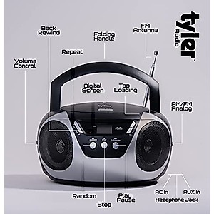 Tyler Portable CD Player Boombox Radio AM/FM Top Loading AC & Battery Compatible Aux Input & 3.5mm Headphone Jack Small Lightweight Compact Boom Box Home Stereo Speakers Carrying Handle Kids Silver