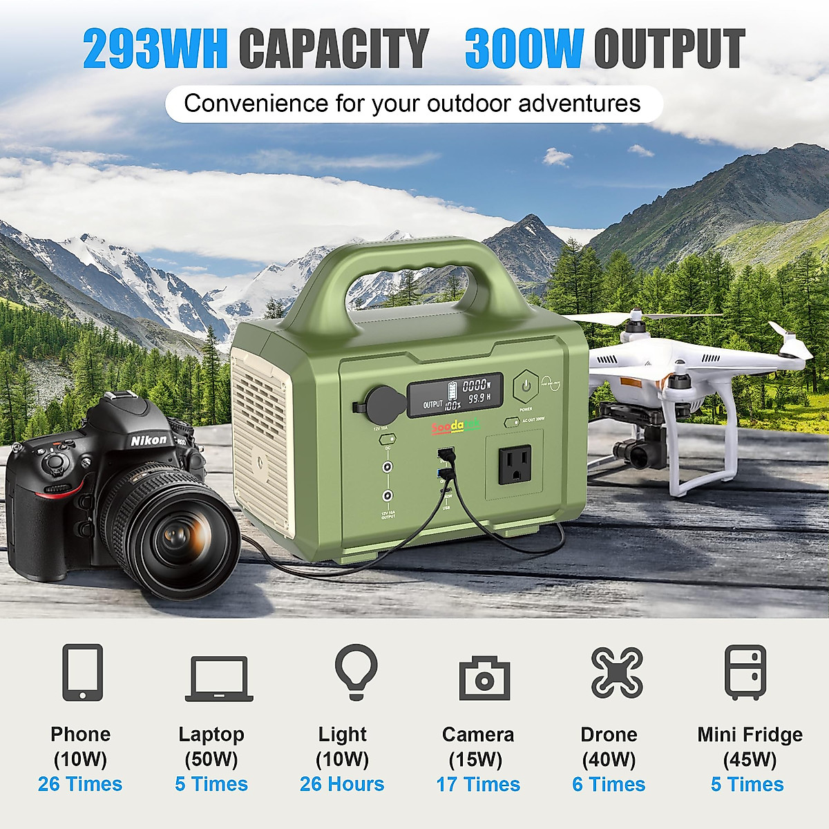 SOODATEK 300W Portable Power Station(Peak 600W), 293Wh Solar Generator with 60W USB-C PD Output, 110V Pure Sine Wave AC Outlet, Lithium Battery Backup for Blackout Outdoor Hunting Camping RV Travel