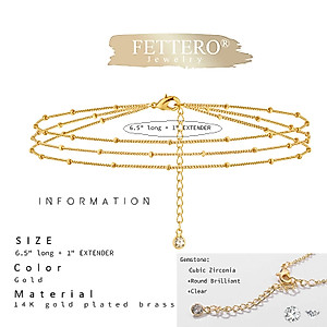 Fettero 14K Gold Bracelet for Women Gold Plated Bracelet Dainty Chain Gold Beaded Bracelet Paperclip/Curb/Figaro/Satellite Chain Adjustable Bracelet Jewelry -Satellite 3 Layer Gold