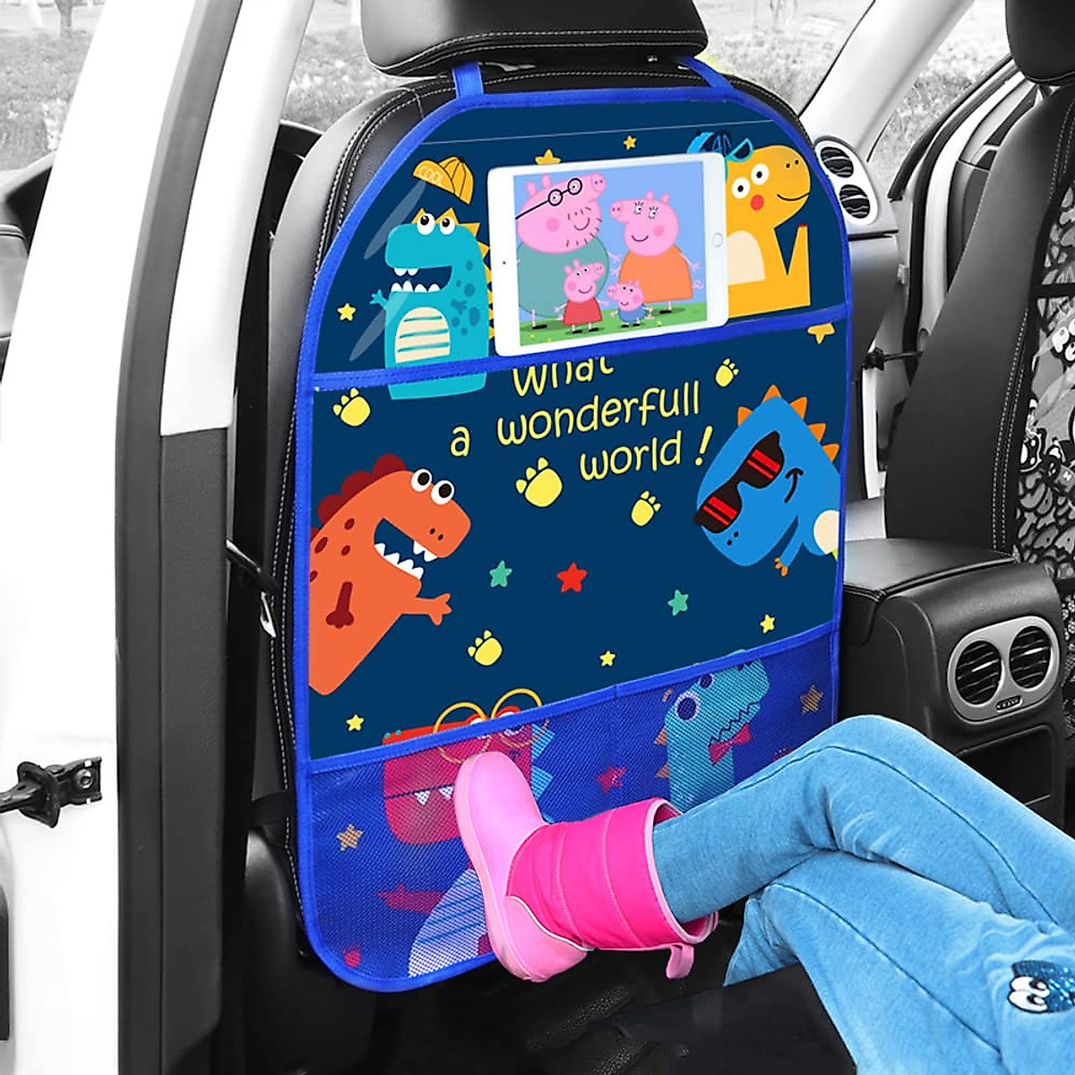 2 Pack Car Kick Mats, Back Seat Protector for Kids Child Car Seat Back Organizers with Multi Pockets Clear Holder Universal Back Seat Cover for Upholstery from Dirt, Mud, Scratches (2 PACK A)