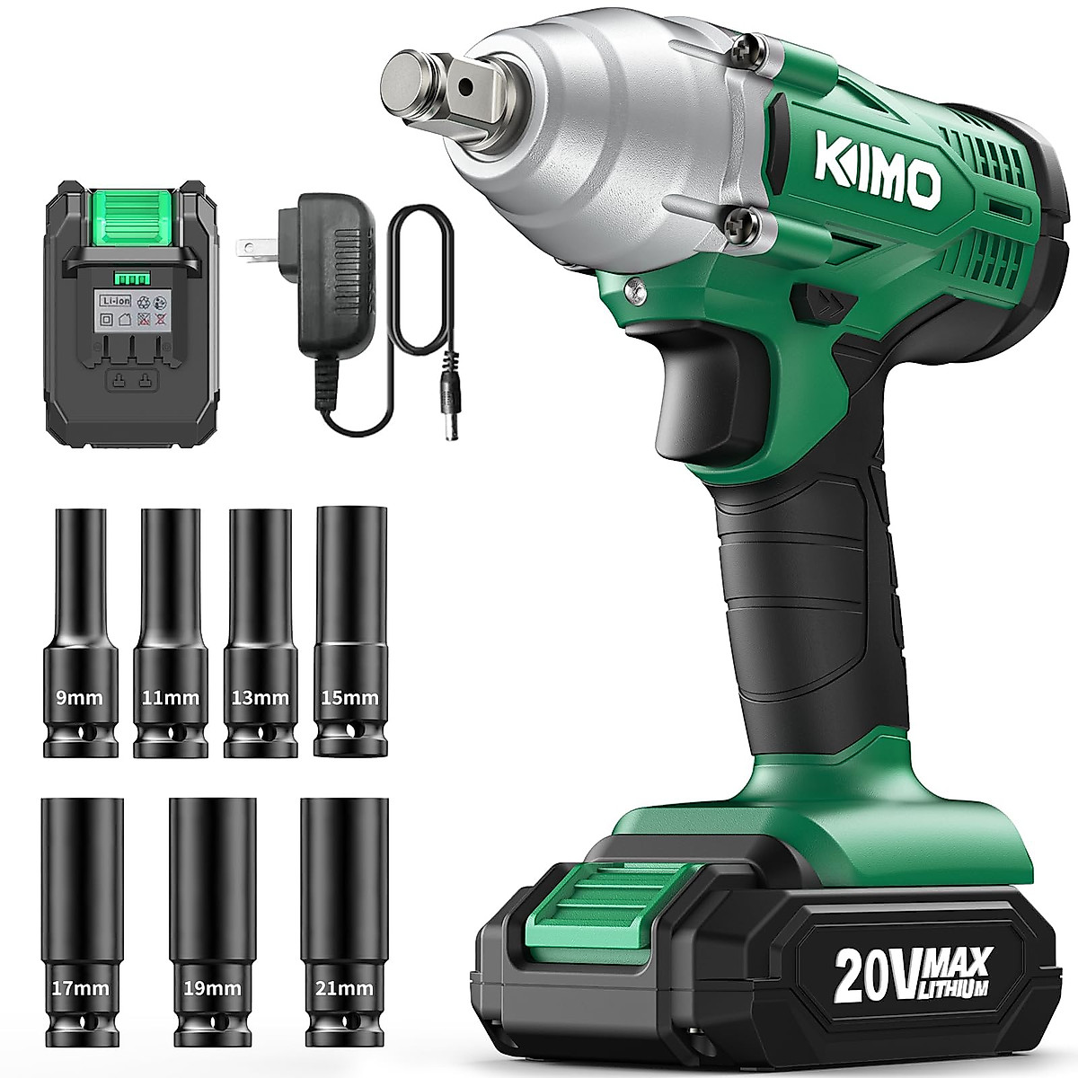 KIMO 20V Cordless Impact Wrench 1/2 inch, 2832In-Lbs & High Torque 3400 IPM, Impact Gun w/Battery ＆ Charger, 7 Pcs Impact Driver Sockets, Electric Impact Drill Set w/Variable Speed for Car Tires