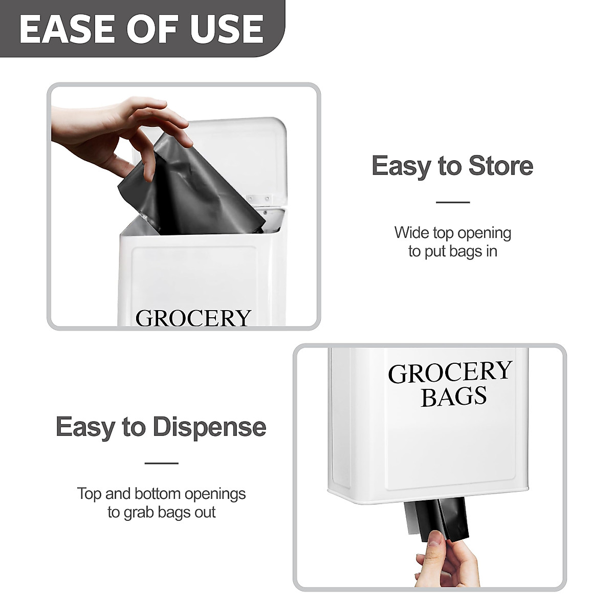 Calindiana Modern Farmhouse Metal Magnetic Grocery Bags Holder for Plastic Bags with LId and Kitchen Organizer and Storage Wall Mount Grocery Bag Dispenser Space Saving, White