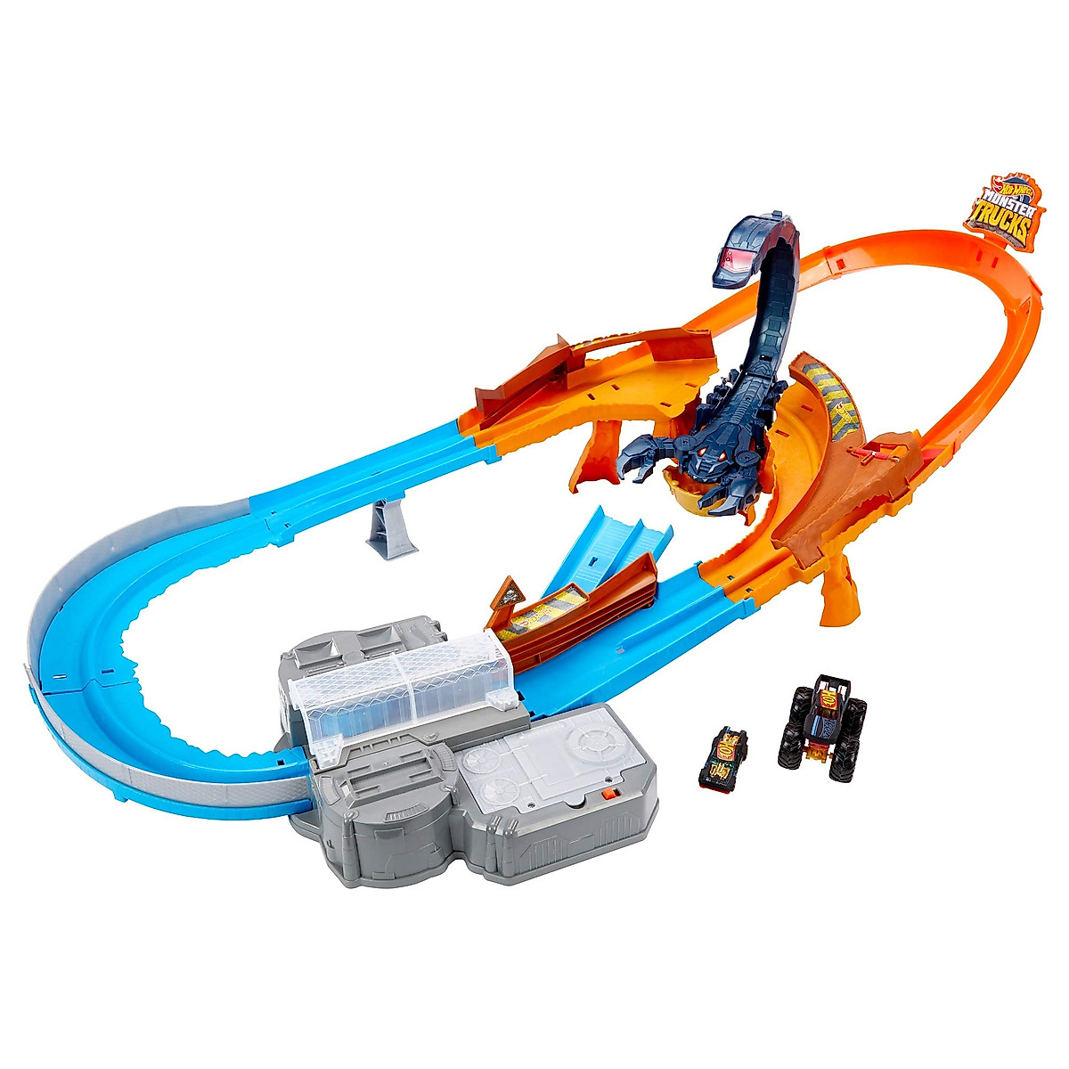 Hot Wheels Monster Trucks Scorpion Sting Raceway 3.5 feet Motorized Track Set with Giant Scorpion, 1:16 scale Monster Truck Podium Crasher & 1 Hot Wheels 1:64 Scale Night Shifter Model
