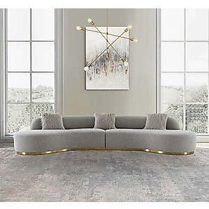 Pasargad Home Simona Collection Curved Sofa - Textured Fabric Upholstery, Living Room, Luxury Room Sofa with 3 Pillows, 150.4" Width, Grey/Gold