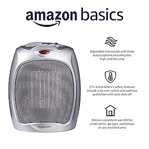 Amazon Basics 1500W Ceramic Personal Heater with Adjustable Thermostat, Silver