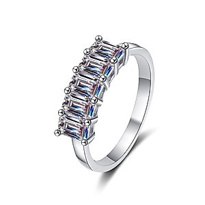 2.5 Carat 3X5mm 5 Stone Emerald Cut Moissanite Half Eternity Wedding Band Ring for Women Sterling Silver with White Gold Plated D Color VVS1 Lab Created Diamond Anniversary Promise Ring for Her Size 7