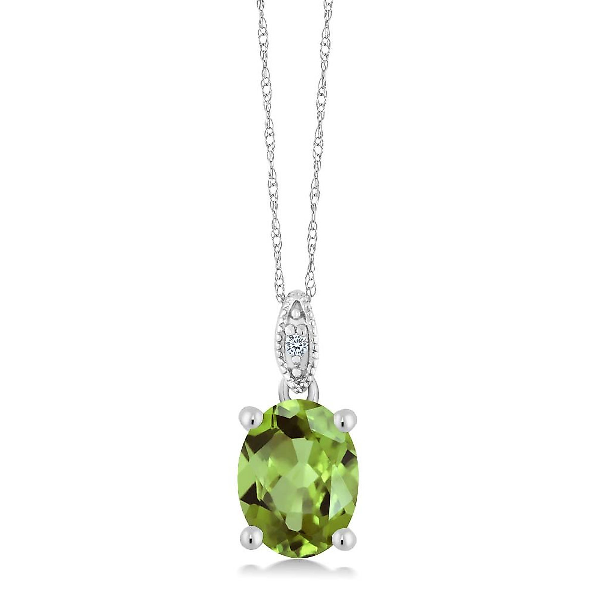 Gem Stone King 10K White Gold Green Peridot and Diamond Pendant Necklace For Women (1.80 Cttw, Gemstone Birthstone, Oval 9X7MM With 18 Inch Chain)