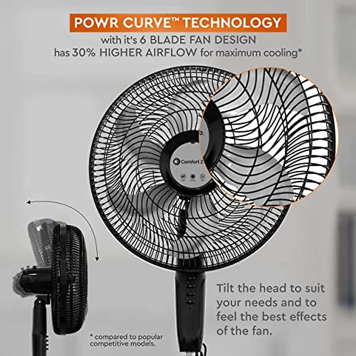 Comfort Zone PowrCurve CZST180BS 18" Stand Fan - 6 Blades, Tri-Curve Grill for Less Noise - 180° Adjustable Tilt, 3-Speed Button Control, Black/Silver