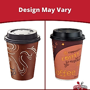 Avant Grub 100 Pack 12 Oz Restaurant Grade Paper Coffee Drinking Cup With Recyclable Dome Lids. Durable, BPA Free Disposable Designer Cups For Hot Drinks At Kiosks, Shops, Cafes