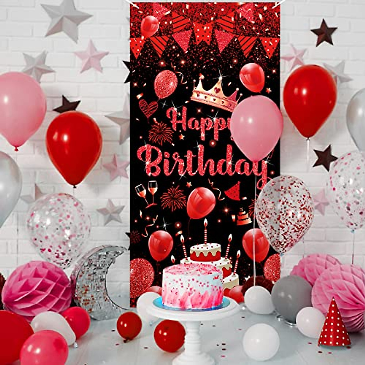 Red Birthday Party Banner Decorations, Red and Black Happy Birthday Door Cover Backdrop Glitter Crown Banner Sign for Kids Girls Women Men Birthday Photo Booth Background Front Door Supplies,73''X36''