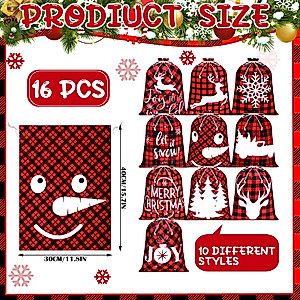Windyun 16 Pcs Christmas Drawstring Bags Bulk Large Xmas Buffalo Plaid Drawstring Cloth Gift Bags 12 x 16 Inch Gift Wrapping Bags Drawstring Storage Sack Bags for Party Favor