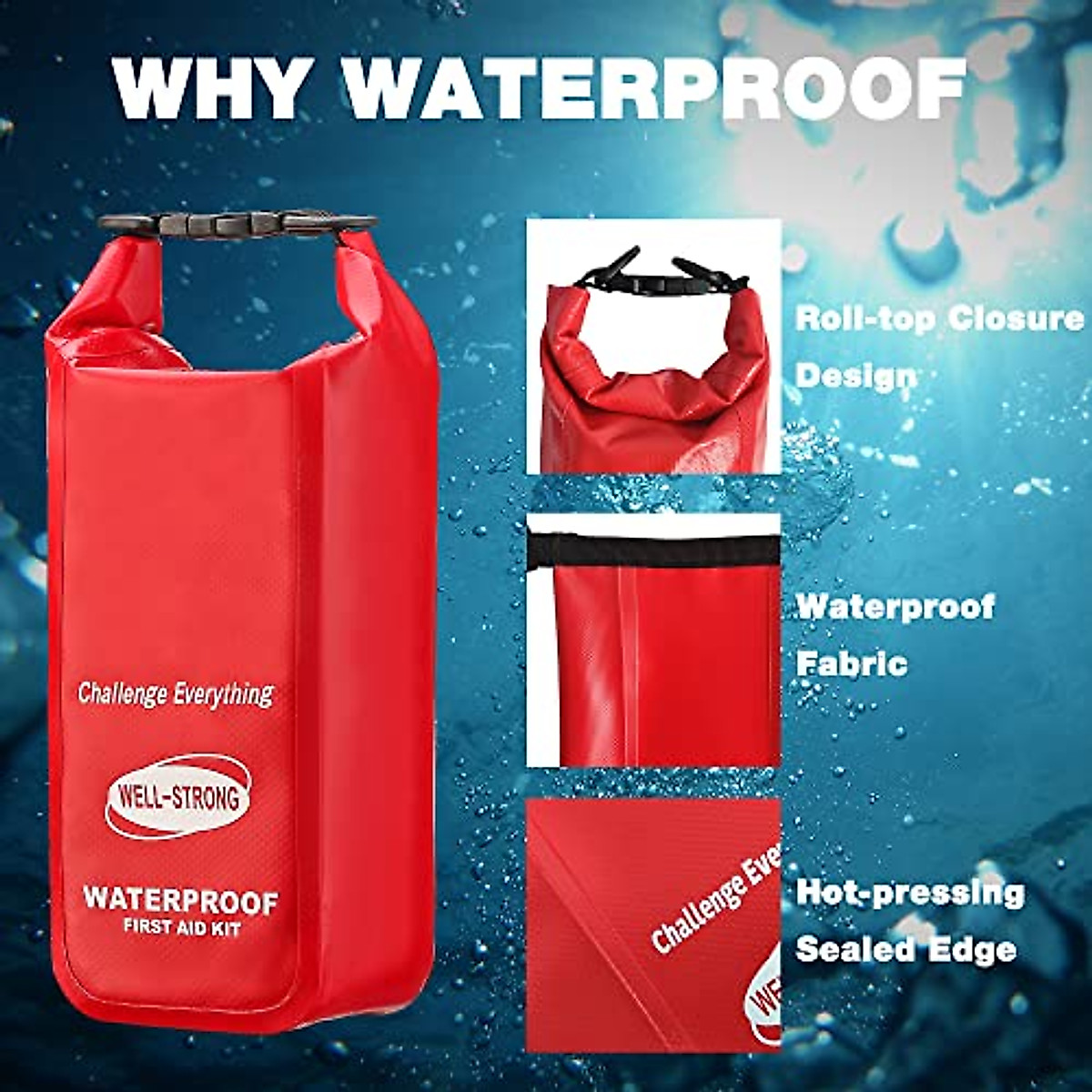 WELL-STRONG Waterproof First Aid Kit Roll Top Boat Emergency Kit with Waterproof Contents for Fishing Kayaking Boating Swimming Camping Rafting Beach Red