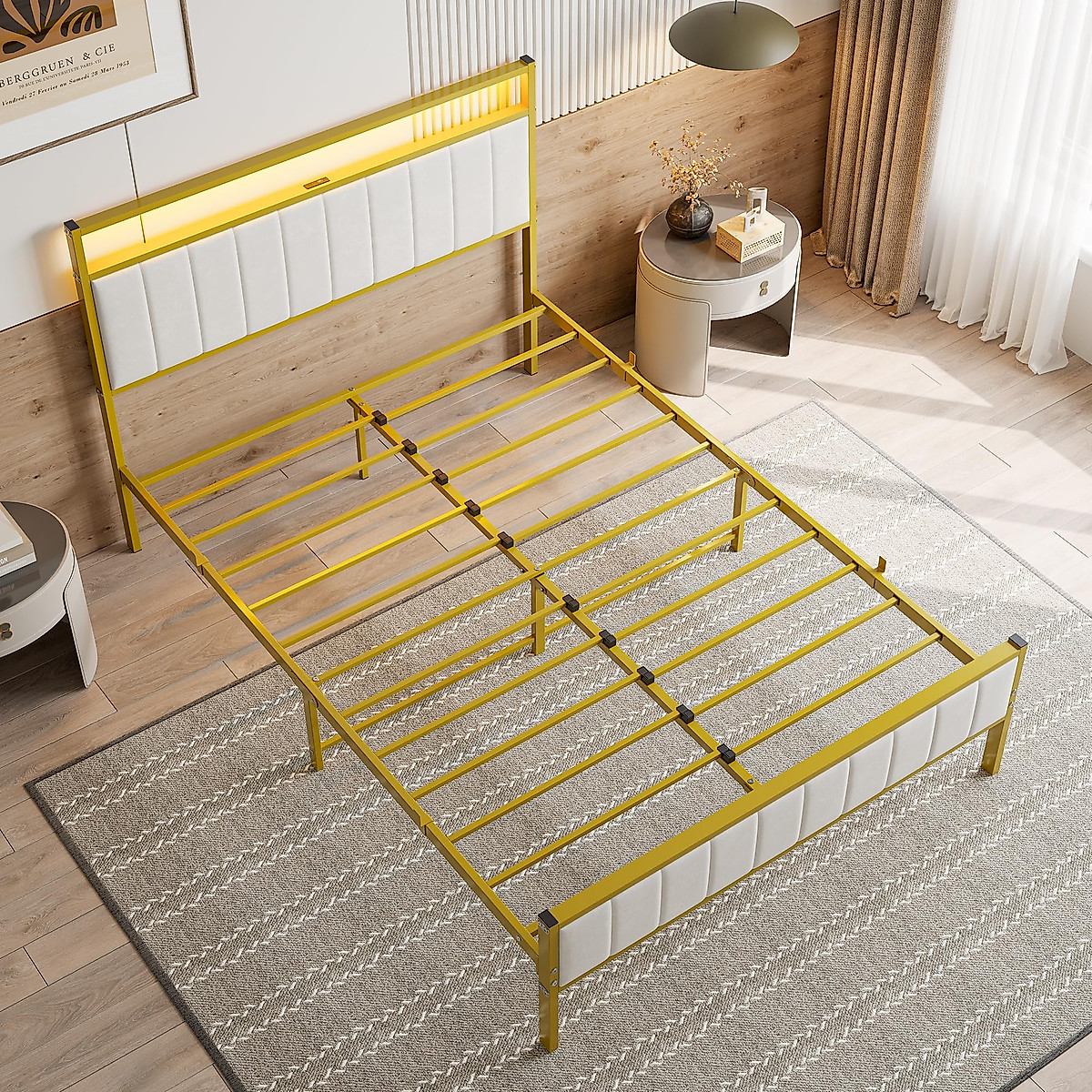 Full Size Bed Frame with Headboard & LED Lights,Upholstered Platform Bed Frame Full Size with Charging Station,Heavy Duty Velvet Bed Frame,No Box Spring Need,Noise Free,Easy Assembly,White