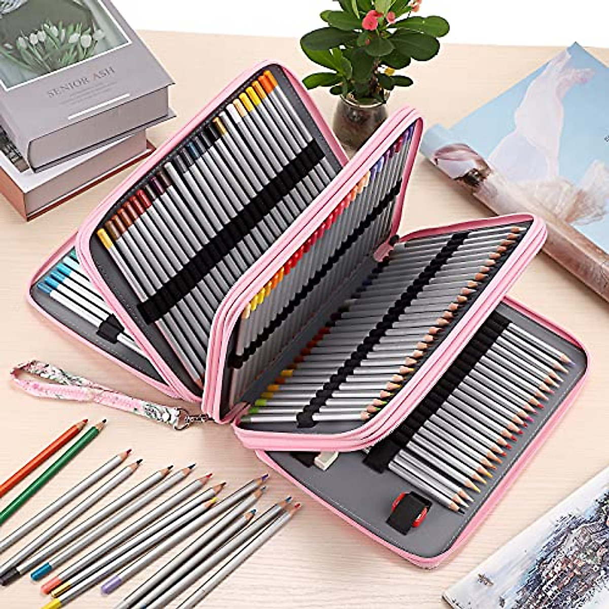 BTSKY Colored Pencil Case- 200 Slots Pencil Holder Pen Bag Large Capacity Pencil Organizer with Handle Strap Handy Colored Pencil Box with Printing Pattern Pink Rose