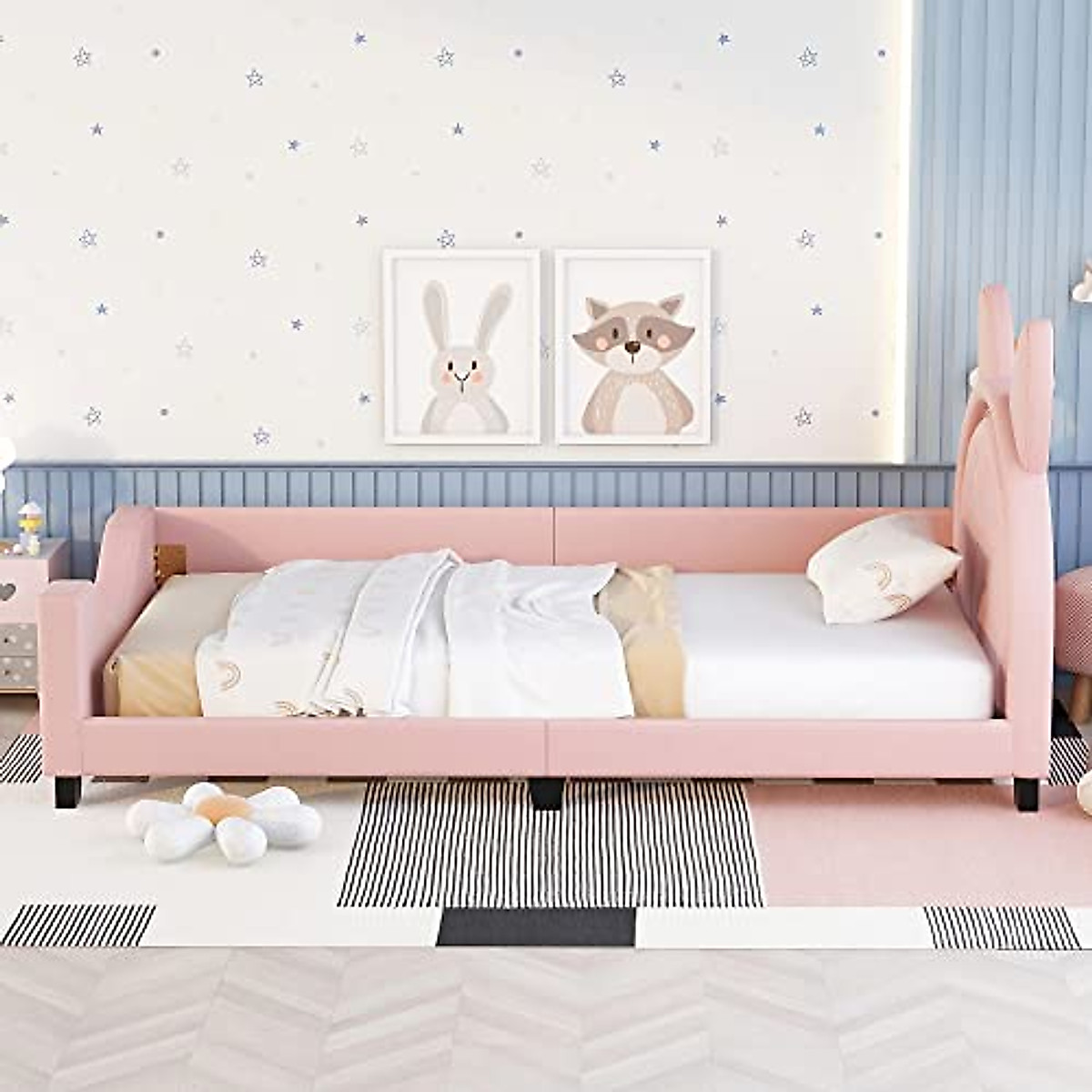 Mancofy Twin Size Cute Upholstered Daybed with Carton Ears Shaped Headboard, Wooden Twin Platform Bed Frame for Girls Boys, PU Leather Sofa Bed, Low Profile Single Bed (Triangular Ears Pink)