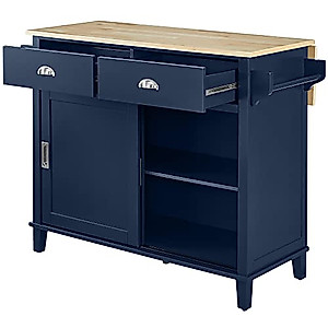 Crosley Furniture Cora Drop Leaf Kitchen Island Microwave Stand, Coffee Bar with Storage Drawers and Shelves, Navy