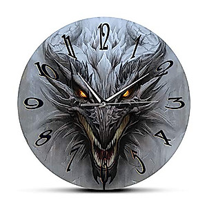 Wall Clock Dragon Wall Art Fantasy Scenery Modern Wall Clock Mythology Monster Dragon Head Silent Clock Wall Watch Home Art Interior Decor 12 inch Round Clock