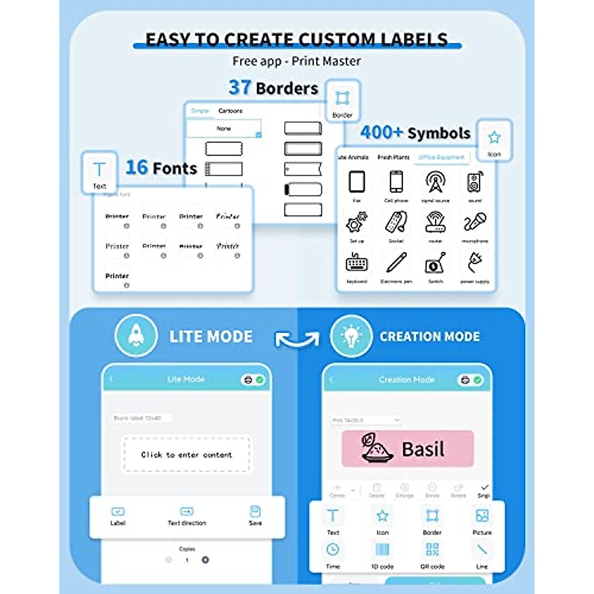 Phomemo D30 Label Maker Machine with 1 White Tape 0.47" and 3 Tape 0.47" Stationery Pattern, Portable Bluetooth Label Printer, Small Smart Phone Handheld Sticker Mini Labeler