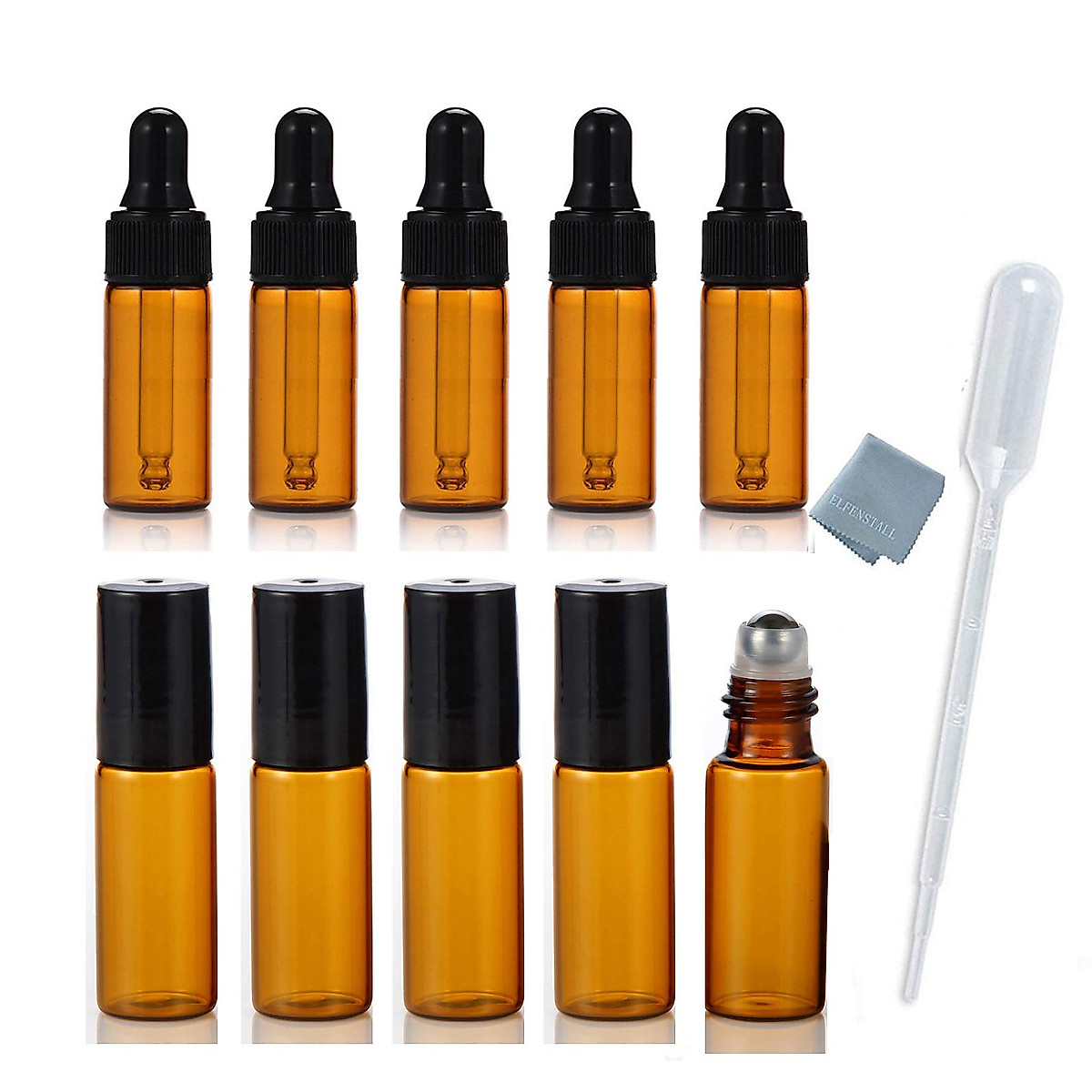 Elfenstall 10pcs 5ml 1/6oz Amber Mini Glass Bottle Amber Sample Vial Small Essential Oil Bottle with Glass Eye Dropper + Roller on Perfume bottle 1pc Clean Cloth + 1pc 3ml dropper