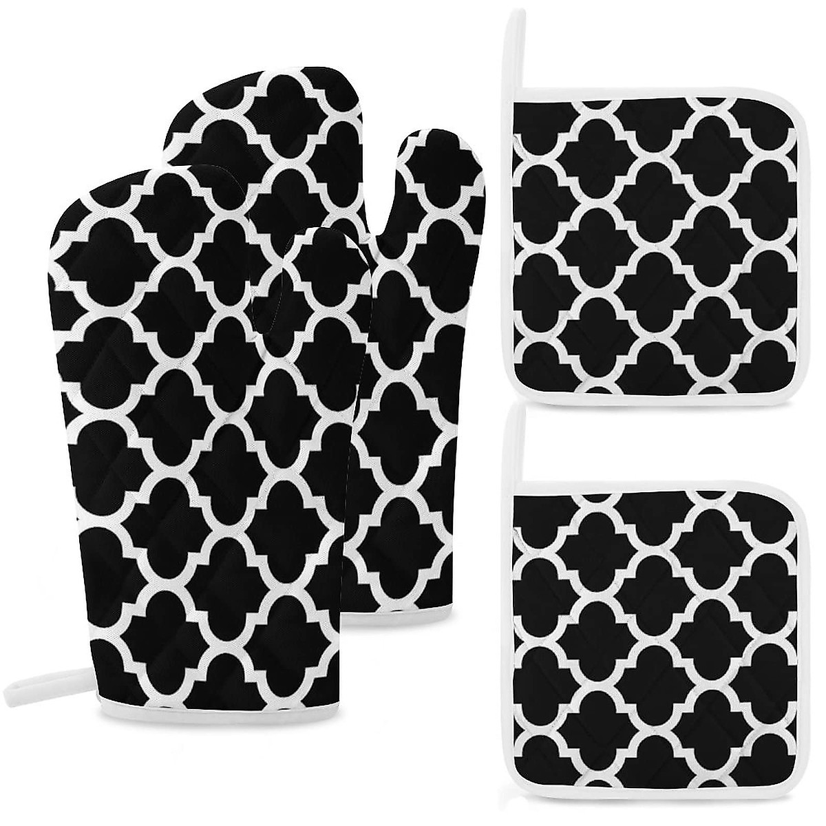 4PCS Oven Mitts Glove Kitchen Heat Resistant Pot Holders Set Black White Moroccan Quatrefoil Pattern Kitchen Microwave Oven Gloves Mitts Anti-Scald Baking Cooking Gloves