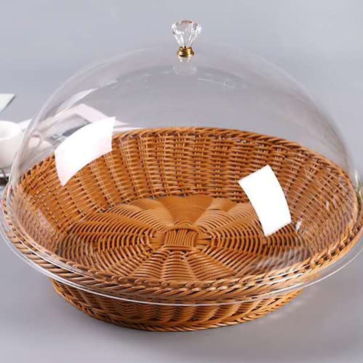 YOUEON Imitation Rattan Bread Basket with Acrylic Dome Cover, 12 Inch Round Woven Fruit Basket Handmade Poly Food Serving Basket for Bread, Snacks, Vegetable, Food