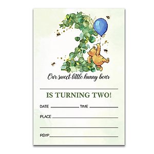 Dolimifa Winnie the Pooh 2nd Birthday Invitations Fill in Style Greenery Winnie the Pooh Blue Balloon Little Hunny Bear Winnie Second Birthday Invites for 2 Year Old, 20 Count With Envelopes