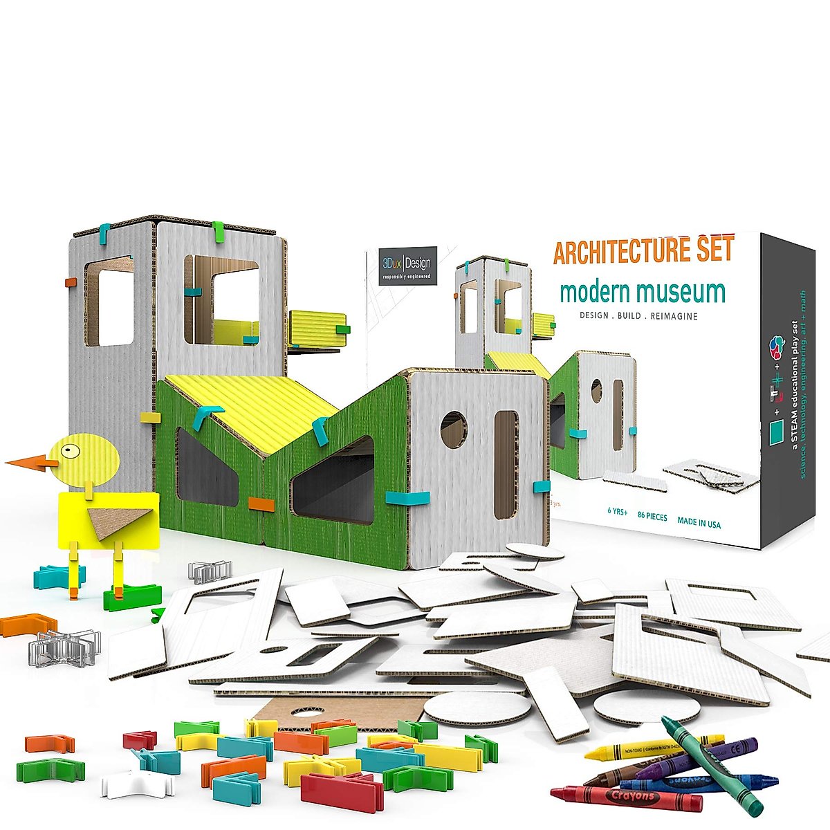 3DUX DESIGN Modern Museum Architecture Set. STEAM Toy for Early Education. Design, Build, Decorate with 86 Easy to Assemble and Reusable Pieces. Construction, Building and Open-Ended Play