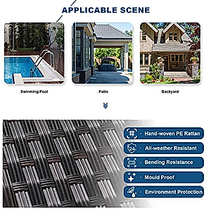 Kullavik Outdoor Patio Furniture Set 6 Pieces Sectional Rattan Sofa Set Brown PE Rattan Wicker Patio Conversation Set with 5 Navy Blue Seat Cushions and 1 Tempered Glass Table