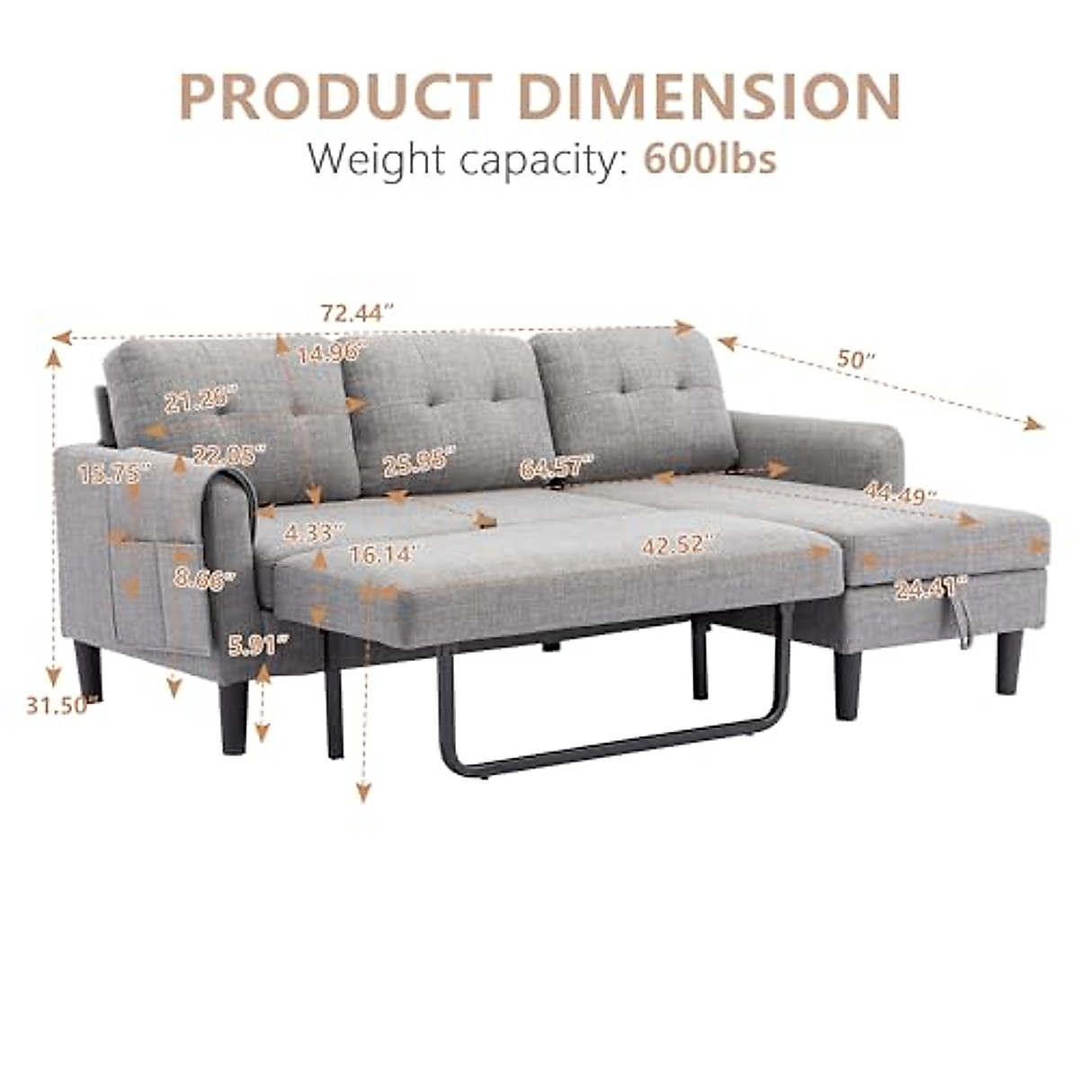 HUMEHA Convertible Sleeper Sofa, Linen Reversible Sleeper Sectional Sofa with Storage Chaise, Modern Upholstered Pull Out Sofa Bed, L Shaped Sofa Couch for Living Room Bedroom, Light Gray