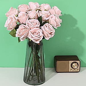 Cloudecor 15Pcs Artificial Roses Velet Real Touch Single Stem Fake Roses Silk Realistic Bouquet Flowers Arrangements Home Office Garden Grave Party Wedding Decoration(Light Pink-15p, Blossom Roses)