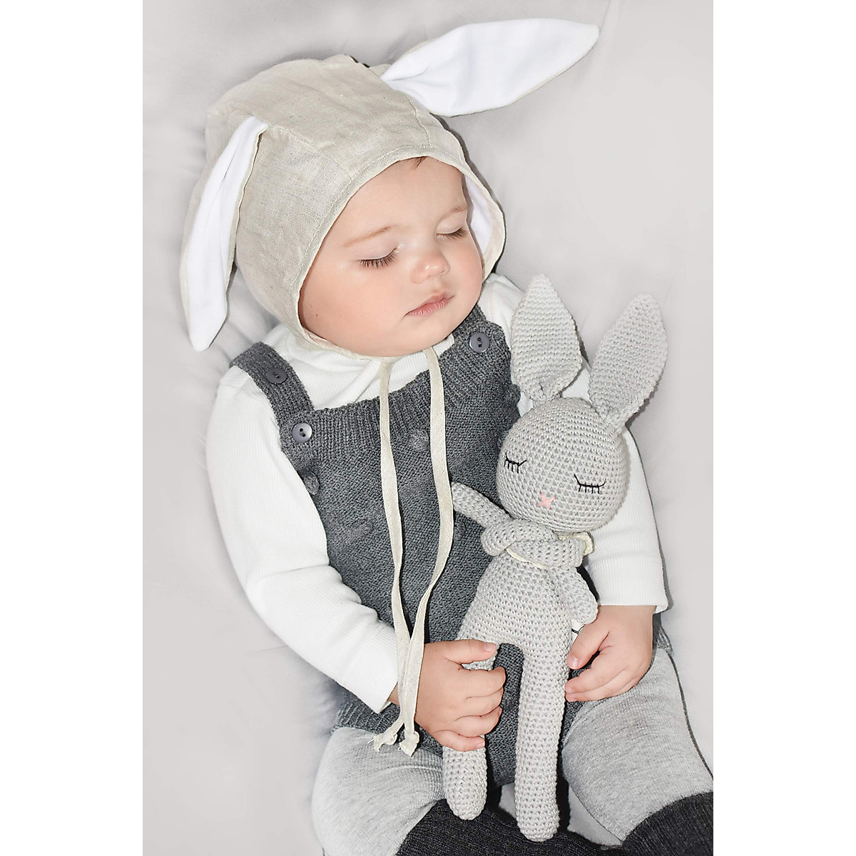 Baby Bunny Hat Bonnet Country Vintage Cotton Linen w/Velvet Rabbit Ears Easter Bonnet Hat (as1, Age, 0_Month, 3_Months, Camel Linen Velvet Bunny)