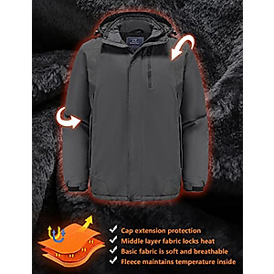 Purltoan Rain Jacket Men Winter Mountain Snow Skiing Raincoats Windproof Water Resistant Soft Shell Fleece Tactical Coat Darkgrey 3XL