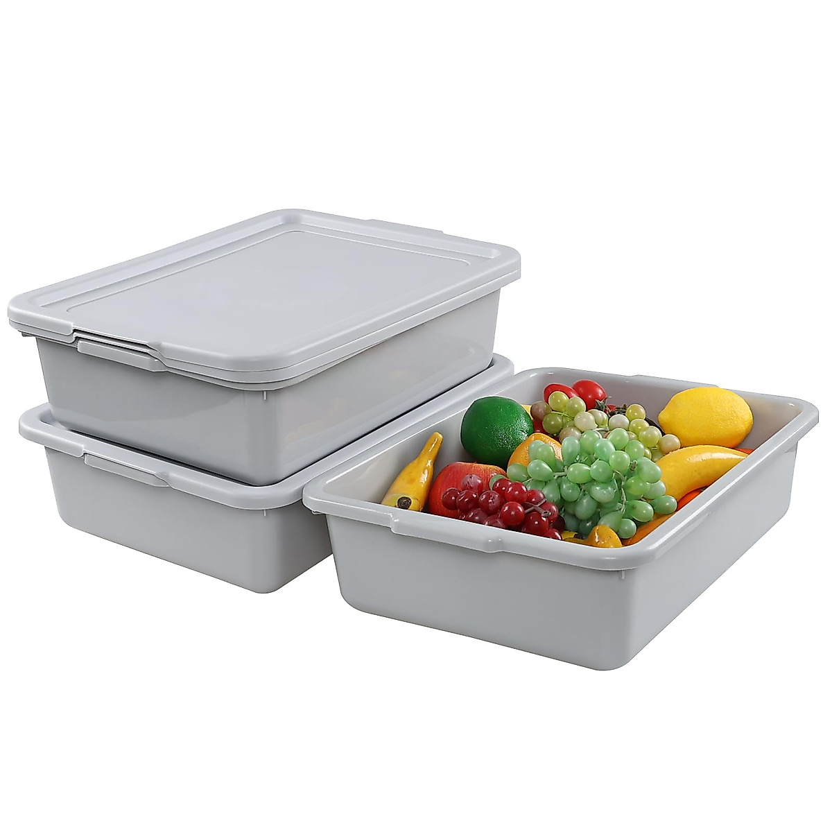Jandson 3-Pack 13 L Commercial Bus Tub Box, Plastic Restaurant Bus Tubs with Lids, Grey