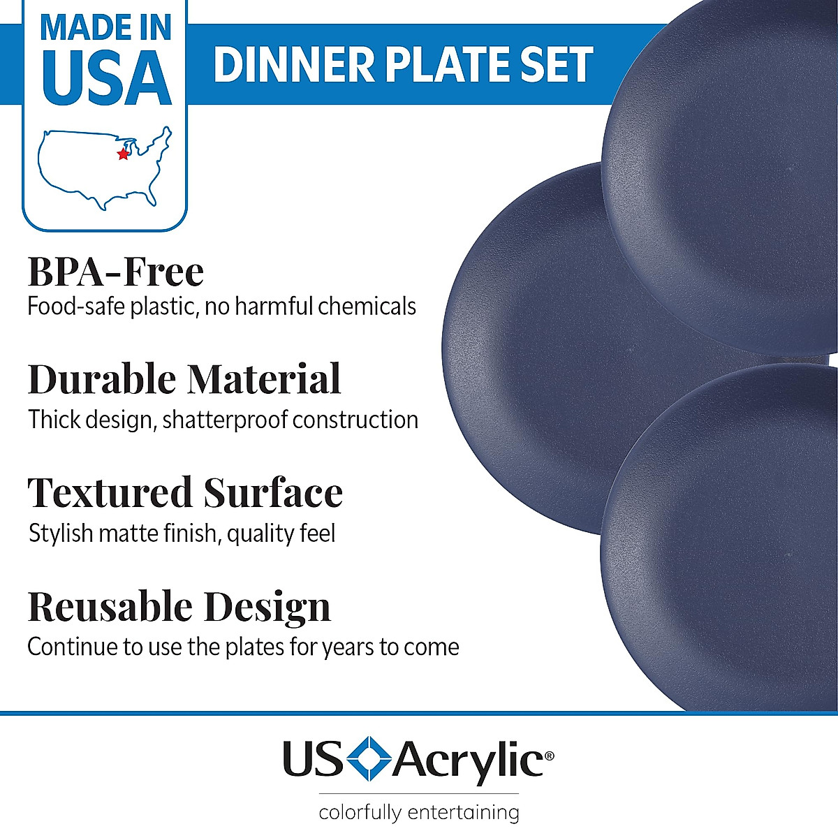 US Acrylic Everest Ultra-Durable Plastic 10 inch Dinner Plates in Midnight Blue | Set of 6 Reusable, BPA-Free, Made in the USA, Dishwasher Safe Dinnerware