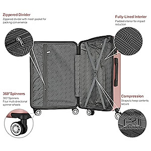 PINPON 3 Piece Luggage Sets, Hard Luggage Sets with TSA Lock, Carry On Luggage with Double Spinner Wheels for Women Men, Travel Suitcase Lightweight (20/24 / 28, Rosegold)