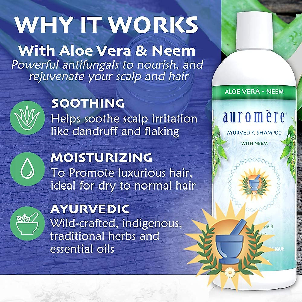 Auromere Ayurvedic Shampoo, Aloe Vera Neem - Vegan, Cruelty Free, Non-GMO, Natural, Gluten Free, Sulfate Free, Paraben Free for Dry to Normal Hair (16 fl oz), 1 Pack