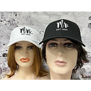 Embroidered Matching Mr Mrs EST 2024 Hats, Black White Bride Groom Dad Hat Baseball Caps, Gifts for Anniversary Newlywed Honeymoon